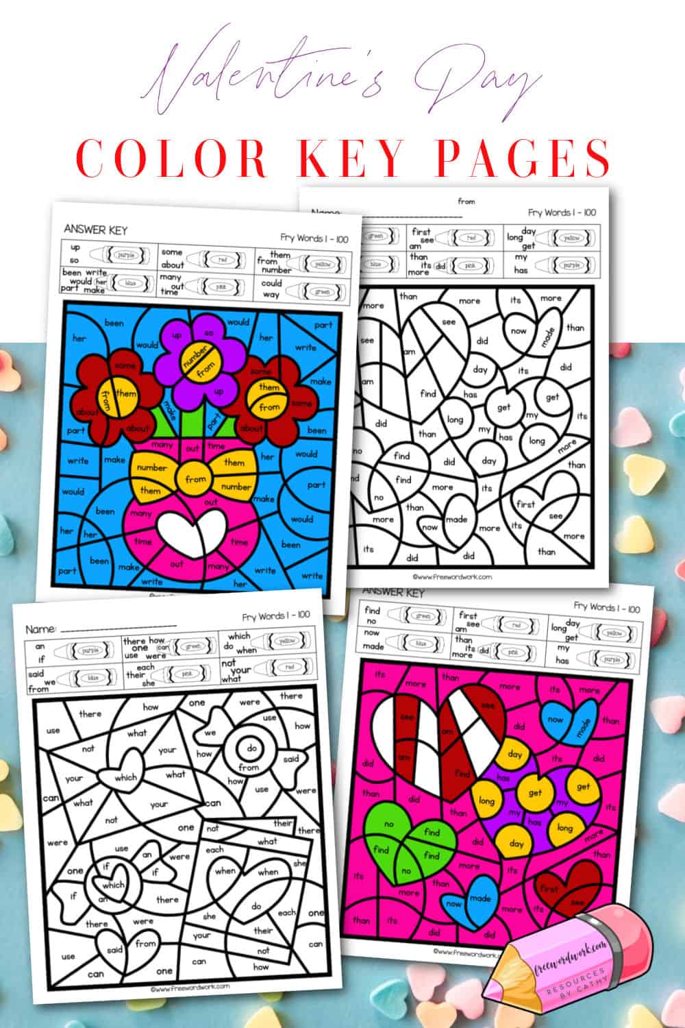 Valentine's Day Fry Color Key - Free Word Work