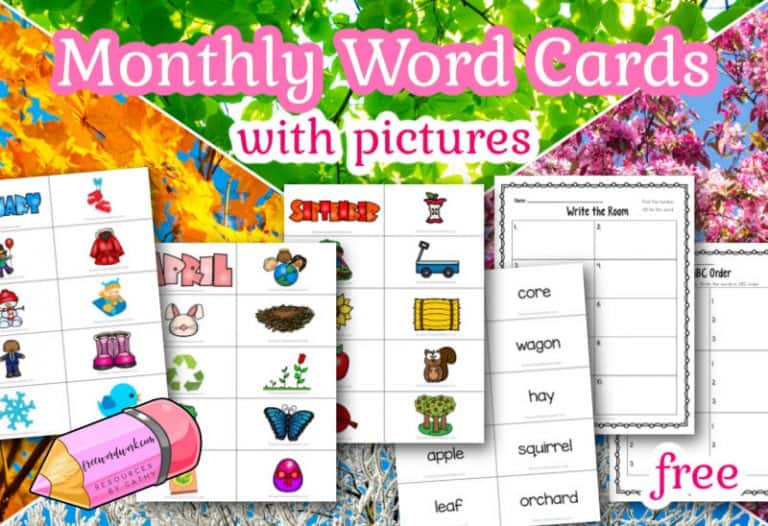 Monthly Word Cards with Pictures - Free Word Work